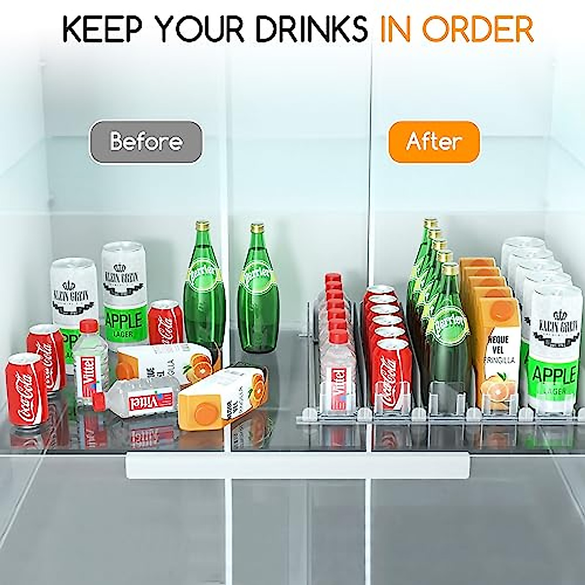 Drink Organizer for Fridge: Self Pushing Soda Can Dispenser for Refrigerator with Double Spring Beverage Pusher Glide Width Adjustable Soda Can Organizer for Kitchen Pantry White 3 Rows