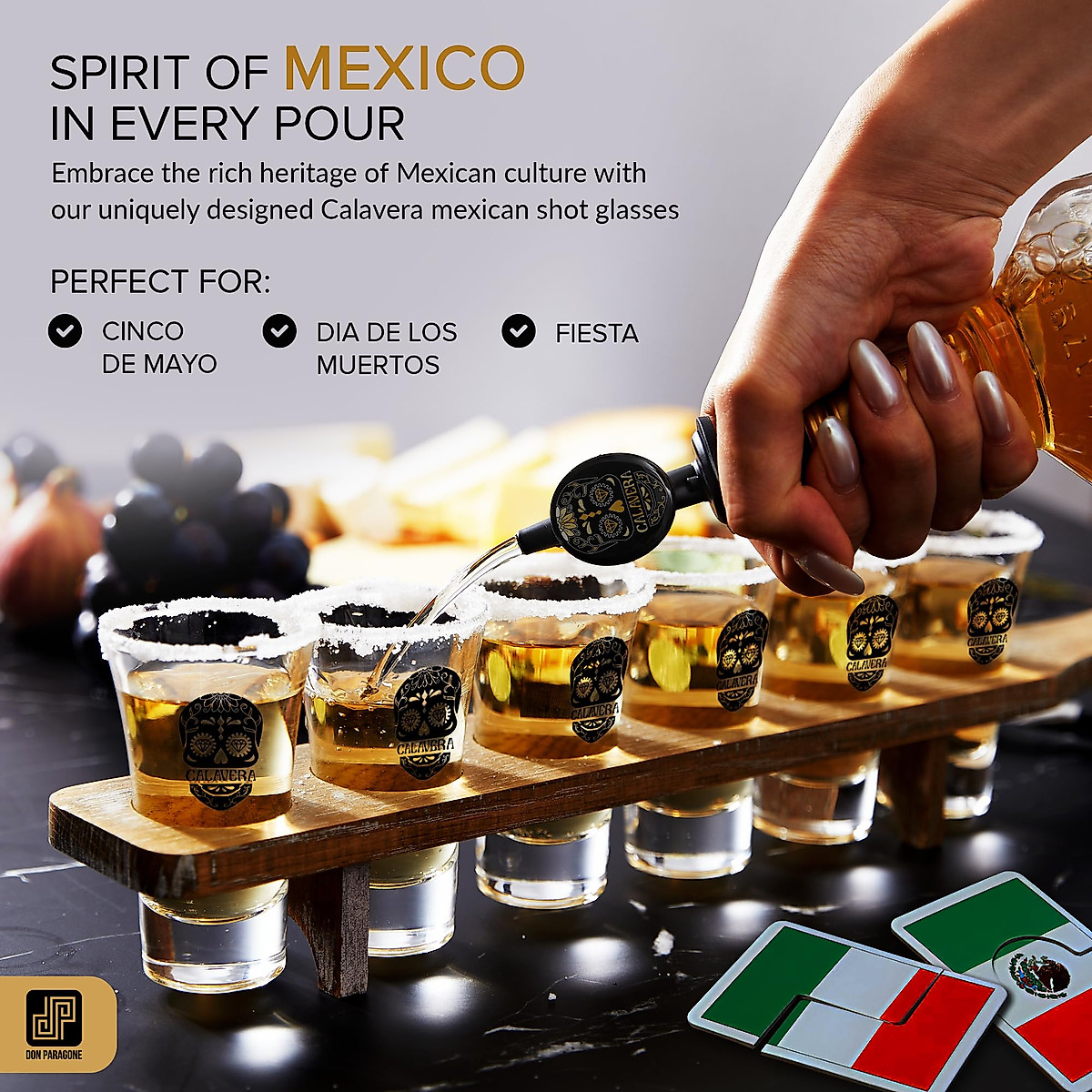 Don Paragone Calavera Tequila Shot Board Set - Fine Oak Wood Shot Glass Holder Tray with 6 Tequila Shot Glasses, Cutting Board, Lime Knife, Salt Tin, Bottle Pourer - Tequila Gifts for Tequila Lovers