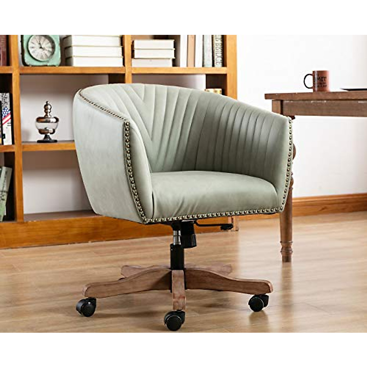 Guyou Barrel Home Office Desk Chair with Wood Base, Upholstered Ergonomic Accent Arm Chair with Luxurious Nailheads and Pleated Mid-Back for Home Studio Bedroom Vanity, Green in Faux Leather