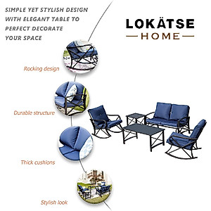 LOKATSE HOME 5 Pieces Patio Conversation Set Outdoor Metal Furniture Padded Deep Seating with Loveseat, 2 Rocking Chairs and 2 Coffee Table, Blue