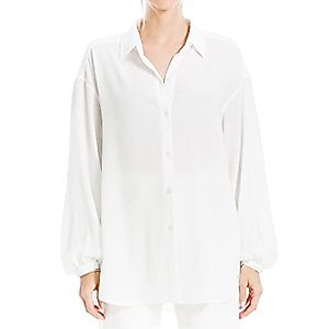 Max Studio Women's Pebble Crepe Button Front Blouse, White, Small