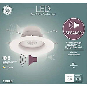 GE Lighting LED+ Speaker Recessed Downlight Fixture, 6-Inches, Soft White, Bluetooth Speaker, Remote Included (1 Pack)