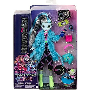 Monster High Doll, Frankie Stein Creepover Party Set with Pet Dog Watzie, Sleepover Clothes and Accessories