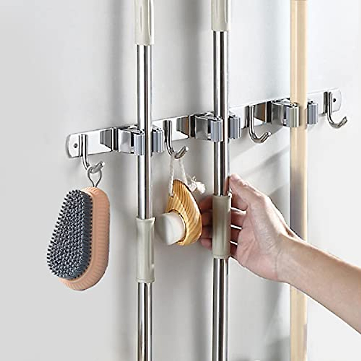 Gueryee Broom and Mop Holder Wall Mounted, Broom Hanger, Broom Organizer Wall Mount, Stainless Steel Broom Hook, Heavy Duty Broom Rack for Laundry Room, Garden, Garage, Bathroom(3 Racks 4 Hooks)