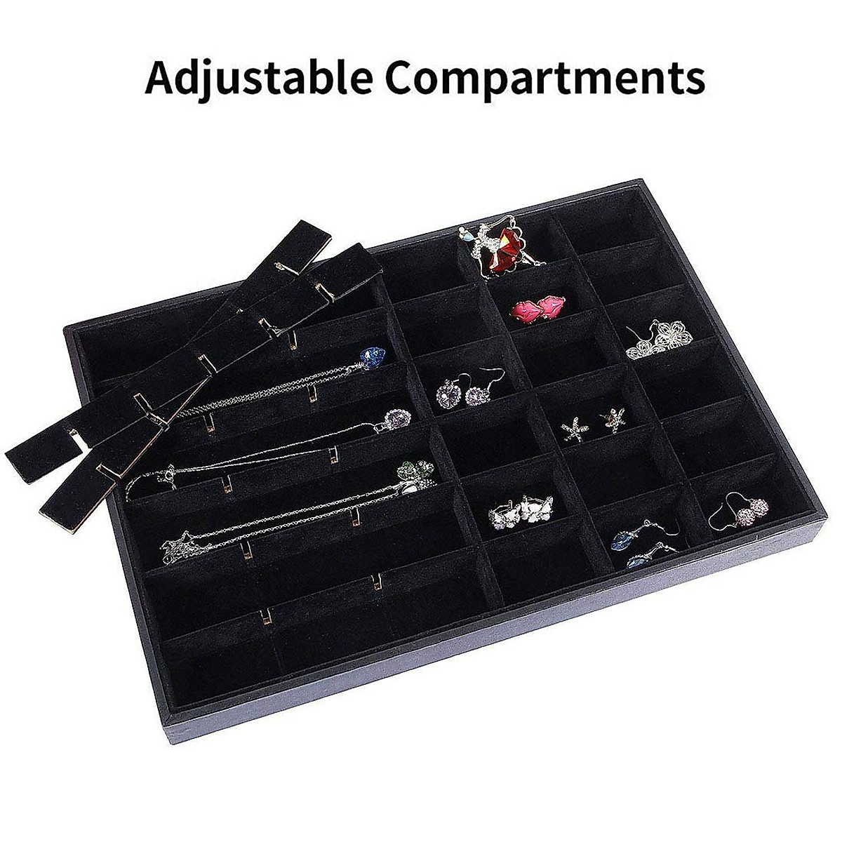 Black Velvet Stackable 36 Compartments Jewelry Tray Showcase Display Organizer Holder Rectangle Storage Box Case Containers Chest for Women Gemstone,Pendant,Key,Marble,Crystal Stone,Accessory,Diamond