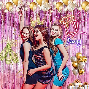 2 Pack 3.2 ft x 9.8 ft Pink Tinsel Curtain Party Backdrop Decorations, Metallic Foil Fringe Backdrop Door for Halloween, Christmas, Birthday Graduation Wedding Party Streamers Photo Backdrop.