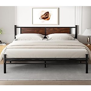 HAOARA California King Size Bed Frame with Rustic Wood Headboard, Metal Heavy Duty Platform Frame, Sturdy Steel Slat Support, No Box Spring Needed, Black