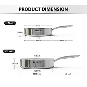 Sunhouse Titanium-Coated Tri-Ply Stainless Steel Pan, Non-Toxic, PFAS PFOA & PTFE Free, Oven Safe, Compatible with All Cooktops (10 inch)