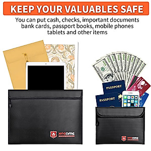 2 Pcs Fireproof Document Bags, File Storage Organizer Bag 15 x 11in/9 x 7 in Set Non-Itchy Silicone Coated Fire Resistant Bag for File Cash Jewelry Money and Valuables