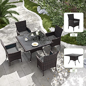 Delnavik 5PCS Patio Outdoor Dining Set, Wicker Patio Furniture Set of 4 Rattan Chairs with Soft Cushions and Square Table with Umbrella Cutout, Grey