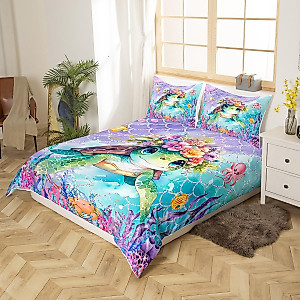 Feelyou Sea Turtle Bedding Set Full Size Animal Blue Coastal Comforter Cover Set for Boys Girls Mermaid Scales Beach Coastal Duvet Cover Breathable Ocean Summer Bedspread Cover Room Decor Quilt Cover
