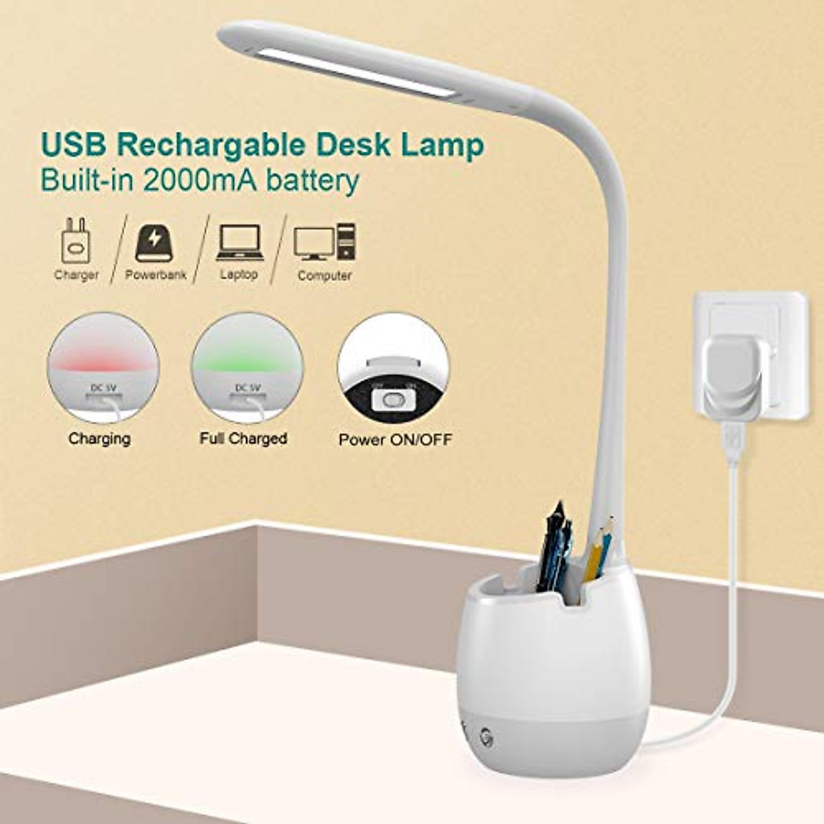 ERAY Kids Desk Lamp LED Study 2000mAh Rechargeable Desk Light with Pen Holder/ 8 Colors Night Light/ 3 Brightness Levels/Touch Control, Dimmable Table Lamp for Boys & Girls Eye-Caring Reading