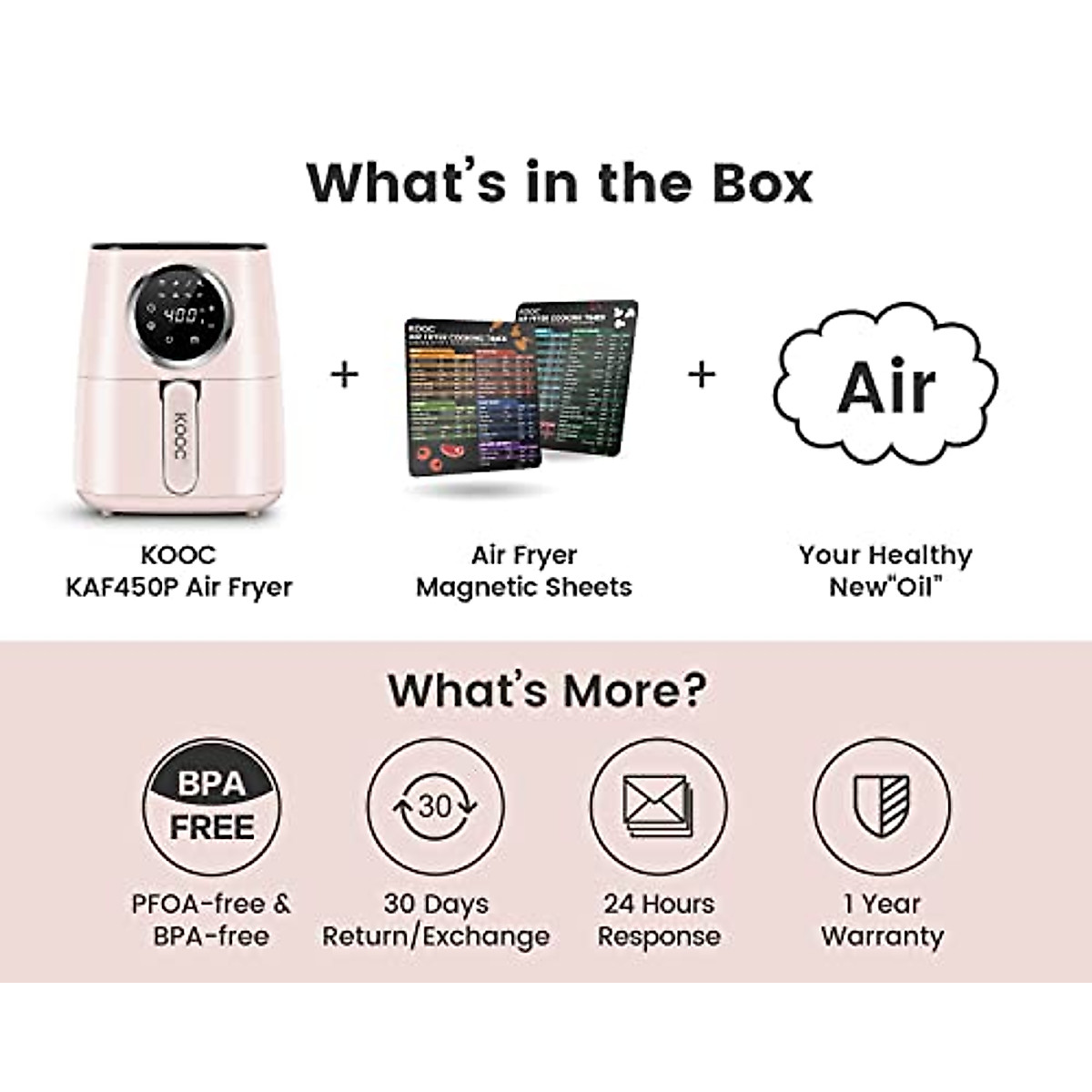 [NEW] KOOC Large Air Fryer, 4.5-Quart Electric Hot Oven Cooker, Free Cheat Sheet for Quick Reference Guide, LED Touch Digital Screen, 8 in 1, Customized Temp/Time, Nonstick Basket, Pink