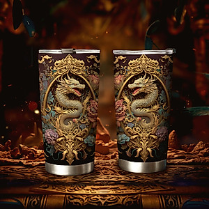 20oz Vintage Flower Dragon Tumbler, Gaming, Gamers Gifts for Dragon Lovers, Coffee Thermos for Women, Stainless Steel Double Wall Vacuum Insulated Coffee Mug, Travel Cup with Lid