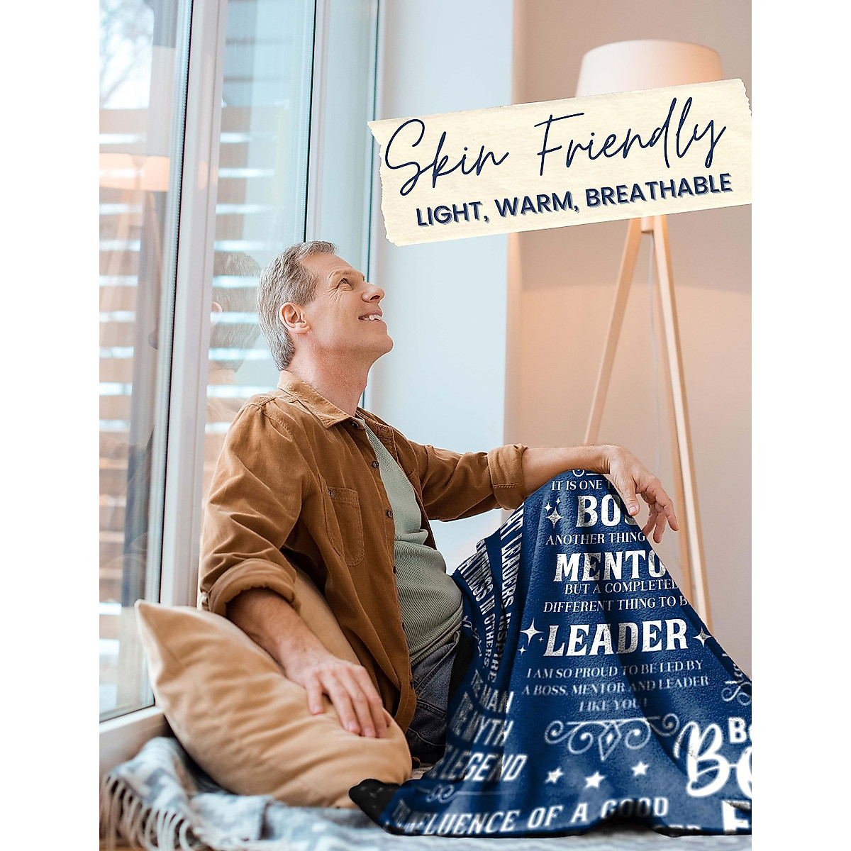 Boss Gifts from Employees, Bosses Day Gifts for Men, Bed Flannel Plush Throw Blankets (50"x 65") Christmas Office Gift Idea on Boss Day, Birthday, Appreciation, Retirement, Mentor Leader-Blue