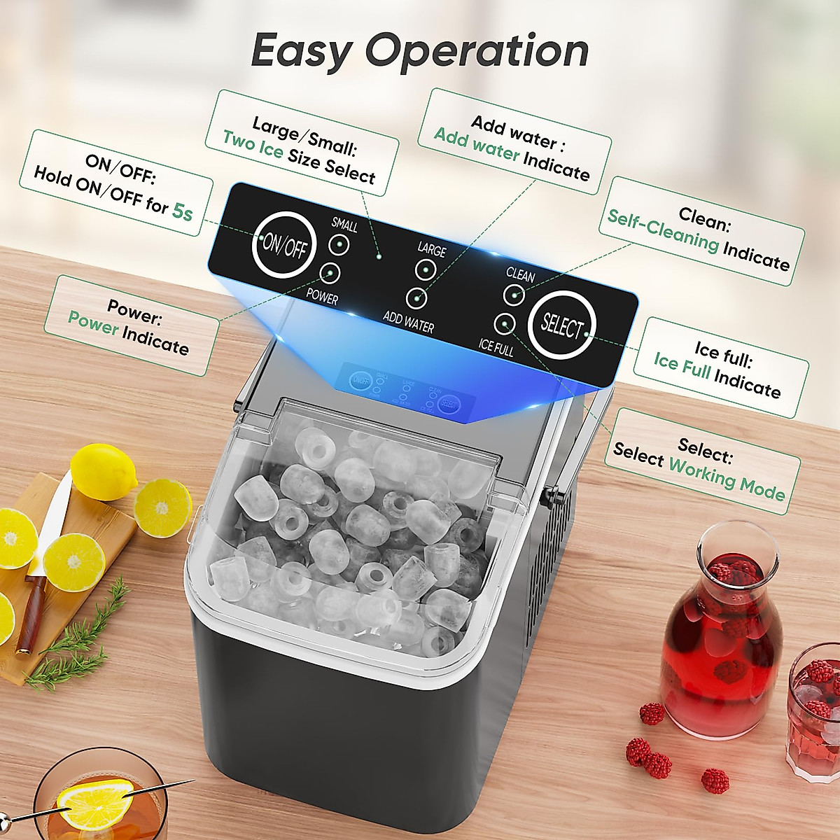 ANTONIA Countertop Ice Maker, Nugget Portable Ice Machine, 9 Bullet Ice Cubes in 6 Mins, 26.5lbs in 24Hrs Self-Cleaning with Handle, Basket, Scoop for Home, Kitchen/Party/Camping/RV. - Black