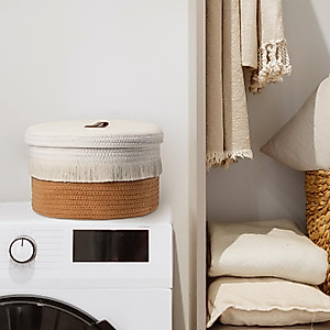 Kinlop 2 Pcs Small Woven Jute Cotton Rope Round Basket with Lid Macrame Storage Basket with Lid Decorative Storage Bins with Lids Decorative Hamper for Diaper with Cute Tassel