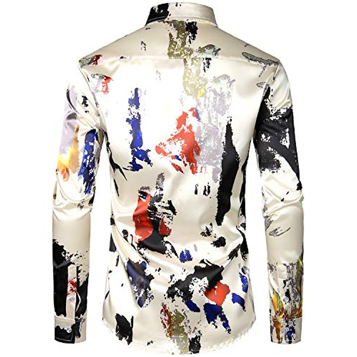 ZEROYAA Men's Hipster Splash Ink Design Silk Like Satin Button Down Dress Shirt for Party Prom ZLCL12-Beige Small