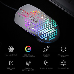 LTC Circle Pit HM-001 RGB Gaming Mouse with 2 Side Buttons, Lightweight Honeycomb Shell, Adjusted 12800DPI, 7 Programmable Buttons, Software Support, White