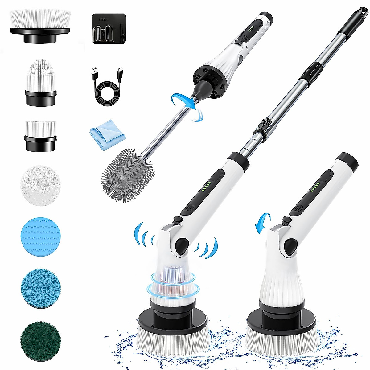 LOSUY Electric Spin Scrubber, 2024 New Cordless Cleaning Brush with 8 Replaceable Brush Heads, 2 Adjustable Speeds and 3 Extension Handle, Power Shower Scrubber for Bathroom, Floor, Tile, Tub
