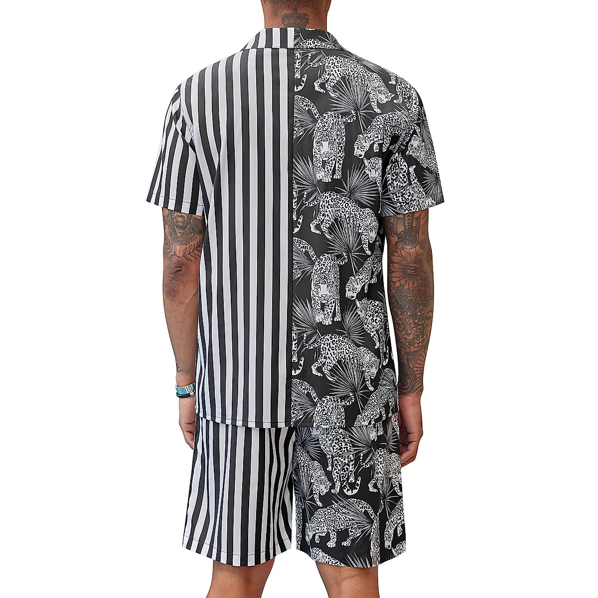 COOFANDY Men Striped Short Set Hawaiian Floral Short Sleeve Shirt Beach Set Outfits Black Leopard