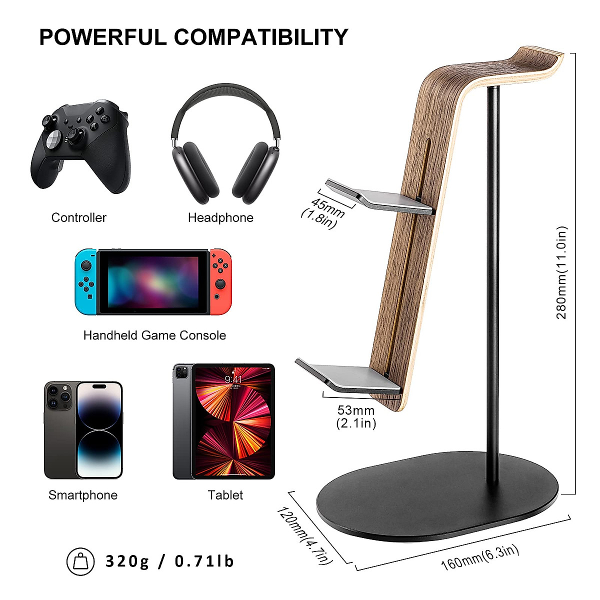 QinCoon Controller and Headset Holder, Aluminum and Wood Gaming Controller & Headphone Stand for PS5 PS4 Xbox One Nintendo Switch, Universal Desk Game Accessories