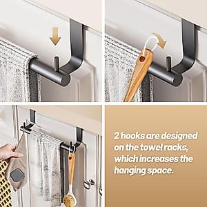 VEHHE Kitchen Towel Holder-2pcs, 9-Inches, Dish Towel Holder with 2 Hooks, Over Cabinet Towel Bar with EVA Foam Pads, Over The Door Towel Holder for Kitchen and Bathroom (Black)