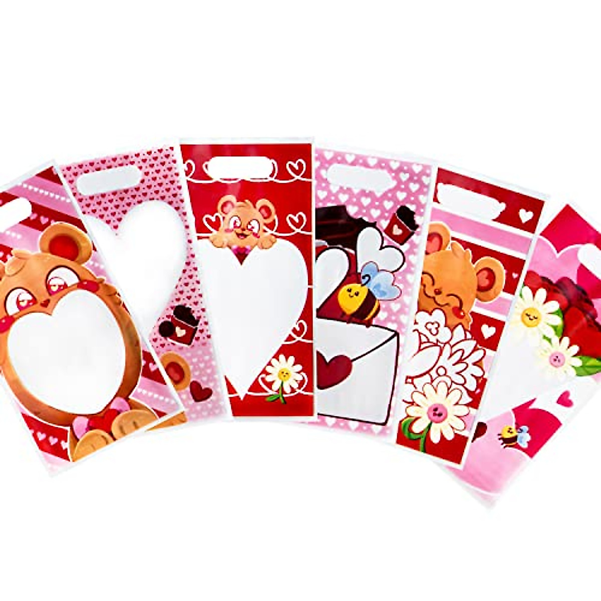 JOYIN 48 Pcs Valentine’s Day Gift Bag Plastic Treat Bags, Cellophane Candy Bags in 6 Designs with Heart Shaped Window for Kids Valentine Party Favor Supplies, Classroom Gift Exchange Goodie Bags