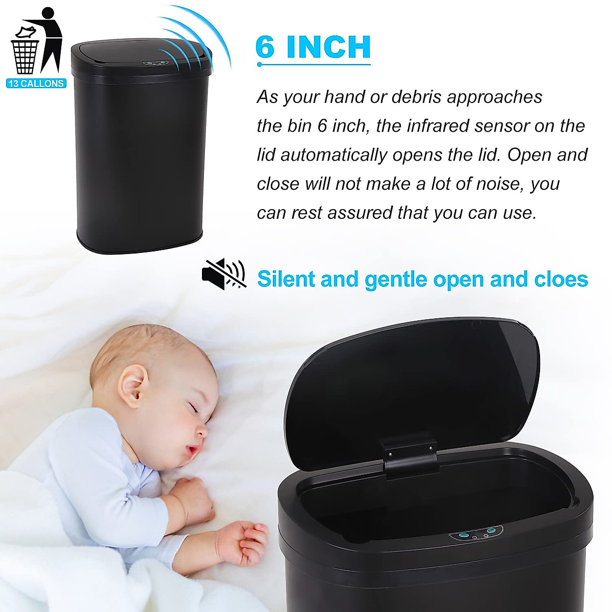 13 Gallon Touch Free Automatic Stainless Steel Trash Can Garbage Can Metal Trash Bin with Lid for Kitchen Living Room Office Bathroom, Electronic Motion Sensor Automatic Trash Can - Black