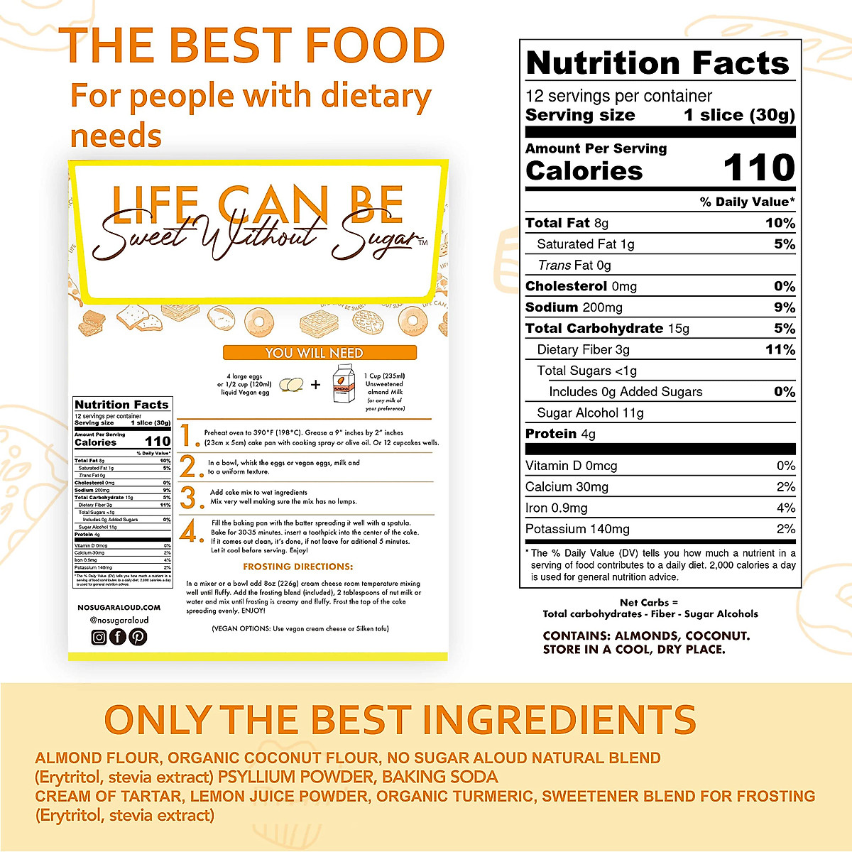 Lemon Low Carb Cake Mix, Gluten-Free & Plant-Based Keto Baking Mix, High Protein, High Fiber, Natural, No Artificial Flavors, Dairy-Free & Paleo-Friendly, No Added Sugar, 13oz - No Sugar Aloud