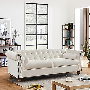 80.3'' Chesterfield Sofa, Classic 3 Seat Tufted Upholstered Couch, High-tech Fabric Sleeper Sofa with Nailhead Scrolled Arms for Living Room Apartment Office 80.31" W x 30.31" D x31.88 H (White)