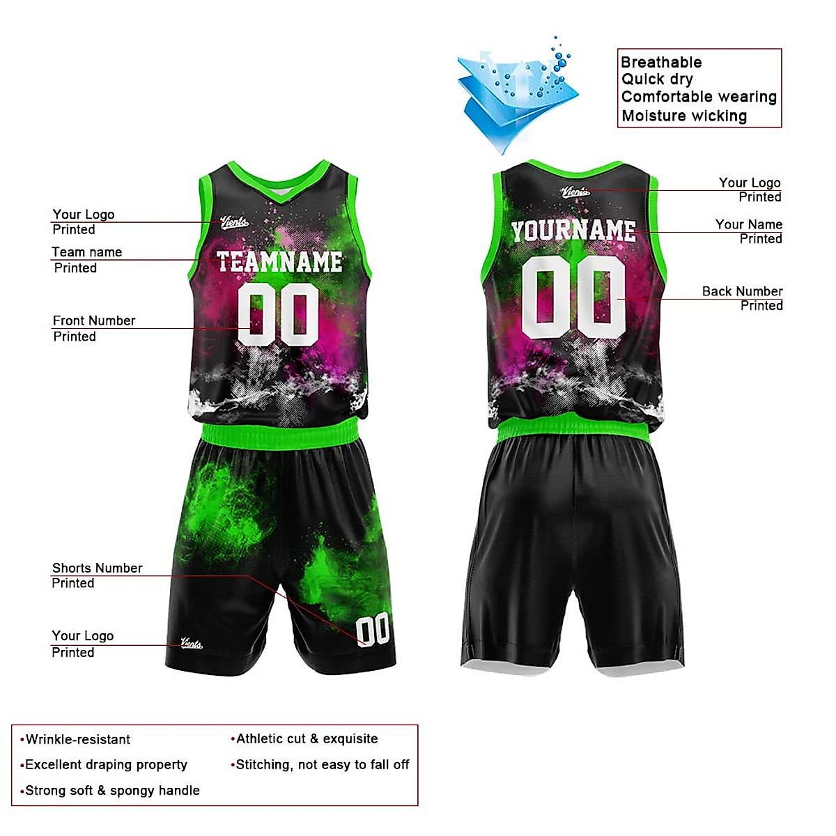Custom Basketball Jersey for Men Women Adult Youth Print Name Number Logo (Splash-Rose-Neon Green)