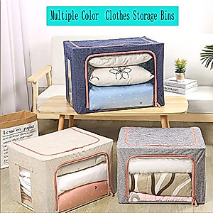 OJIMO Foldable Clothes Storage Bins 2 Pack,Stackable Metal Frame Storage Box w/Reinforced Handle, Stackable Thick Linen Fabric Closet Organizer Set with Clear Windows, Sturdy Zippers(15.4x11.4x7.9in)