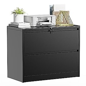 Hak 2 Drawer Lateral File Cabinet with Lock, Black Metal Filing Cabinet for Home Office, Locking Office File Cabinet for Hanging Files Letter/Legal/F4/A4 Size