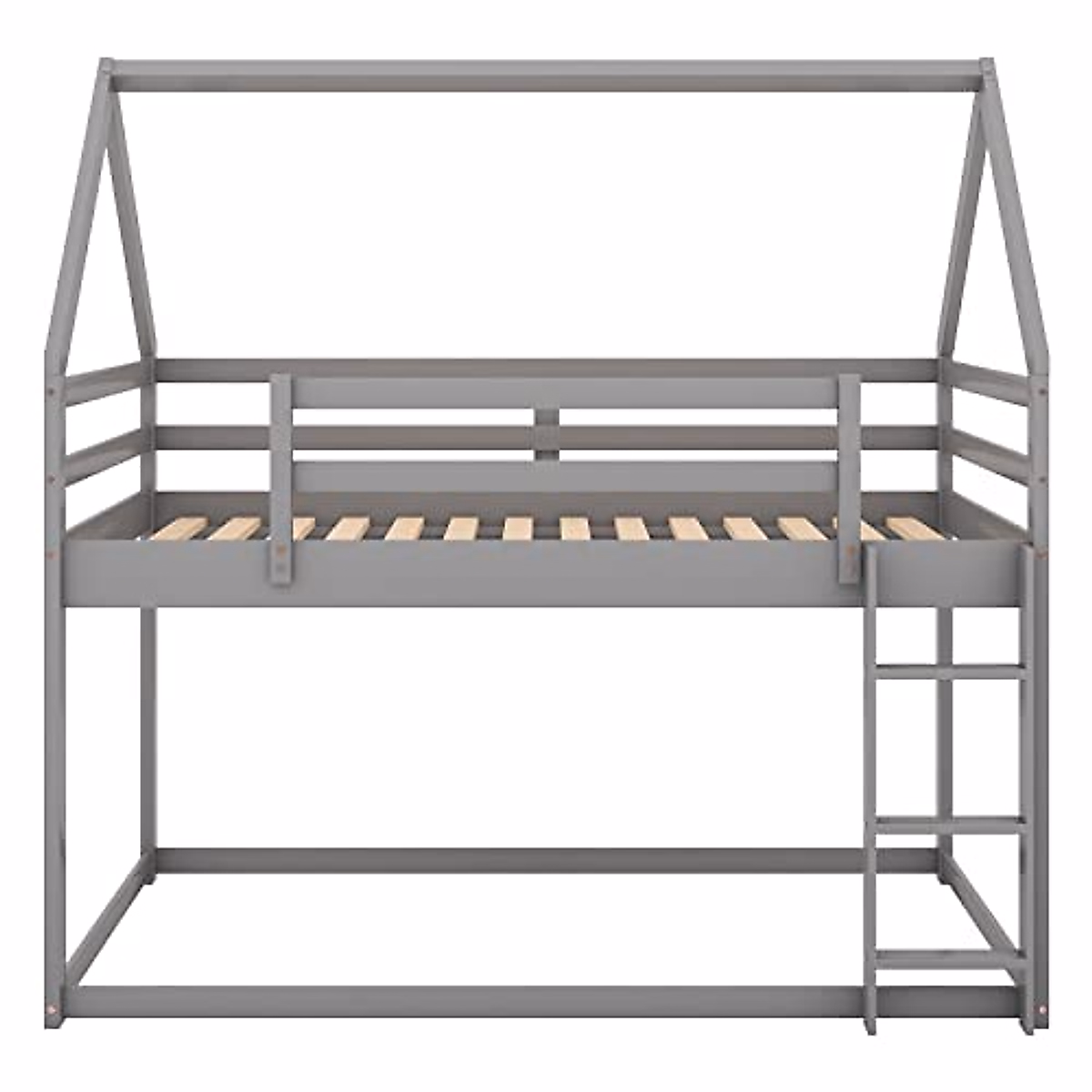 Twin Over Twin Low Bunk Bed, Wood House Bunk Bed Frame with Ladder, Guardrail and Roofs Floor Bunk Bed for Kids, Teens, Girls, Boys,Gray