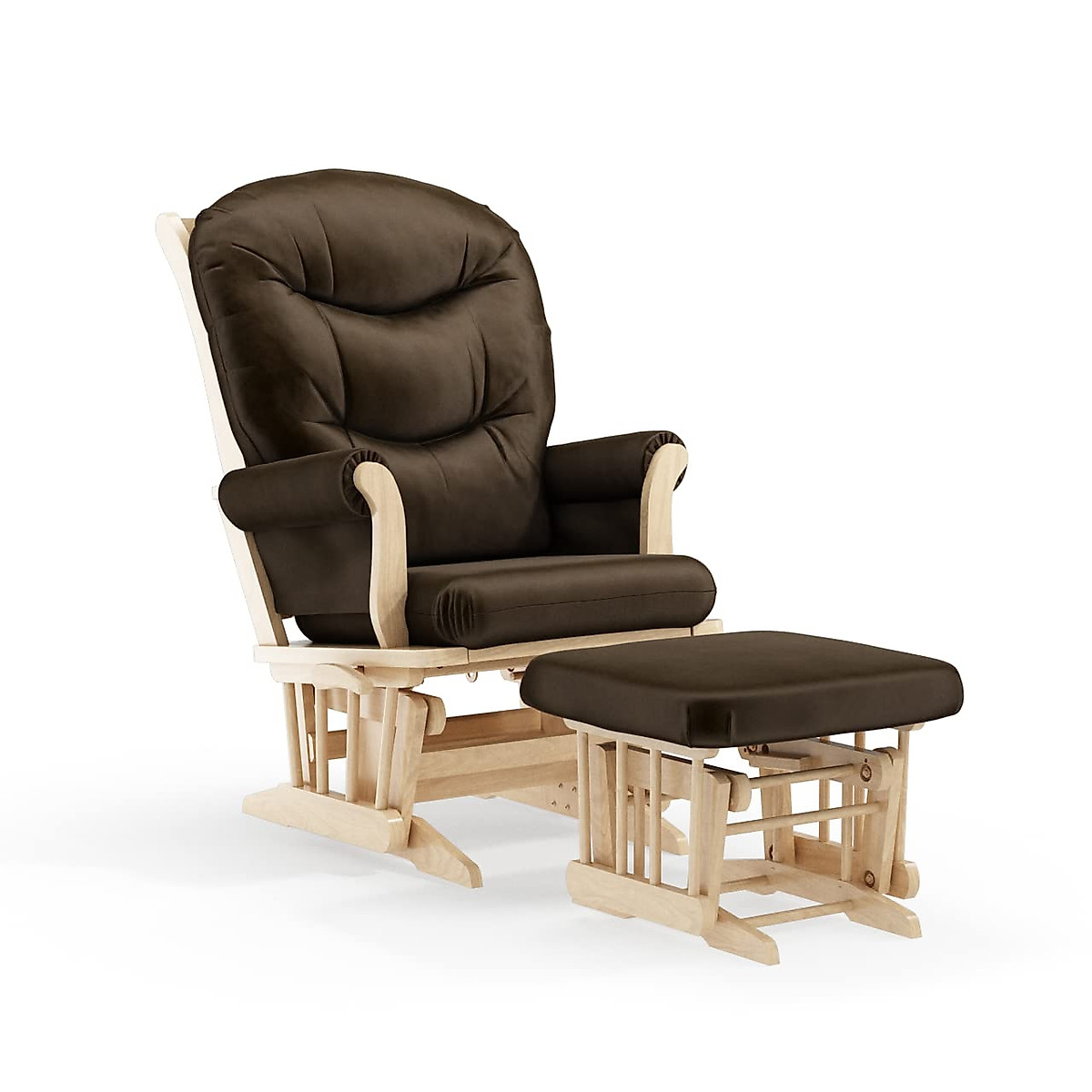 Dutailier Adele 3193 Wooden Glider Multiposition-Lock Recline with Ottoman, Natural/Velvet Chocolate