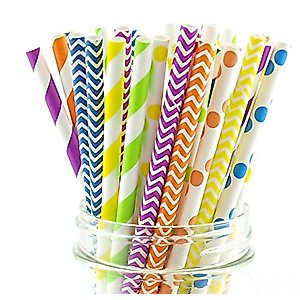 Rainbow Party Straws, Wedding Candy Buffet Straws, Fancy Drinking Straws, Kids Party Paper Straws, 75 Pack - Rainbow Color Multi Design Straws