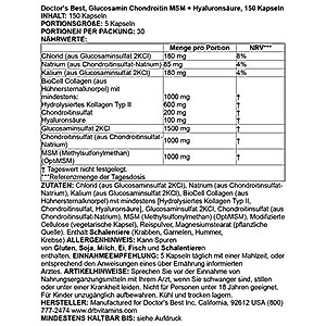 Doctor's Best Glucosamine Chondroitin MSM + Hyaluronic Acid with OptiMSM Featuring Biocell Collagen, Joint Support, Non-GMO, Gluten & Soy Free, 150 Caps