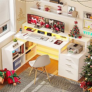 YITAHOME L Shaped Desk with 3 Drawers, 65" Corner Computer Desk with Power Outlets & LED Lights, L-Shaped Desk with File Cabinet & Printer Stand for Home Office, White