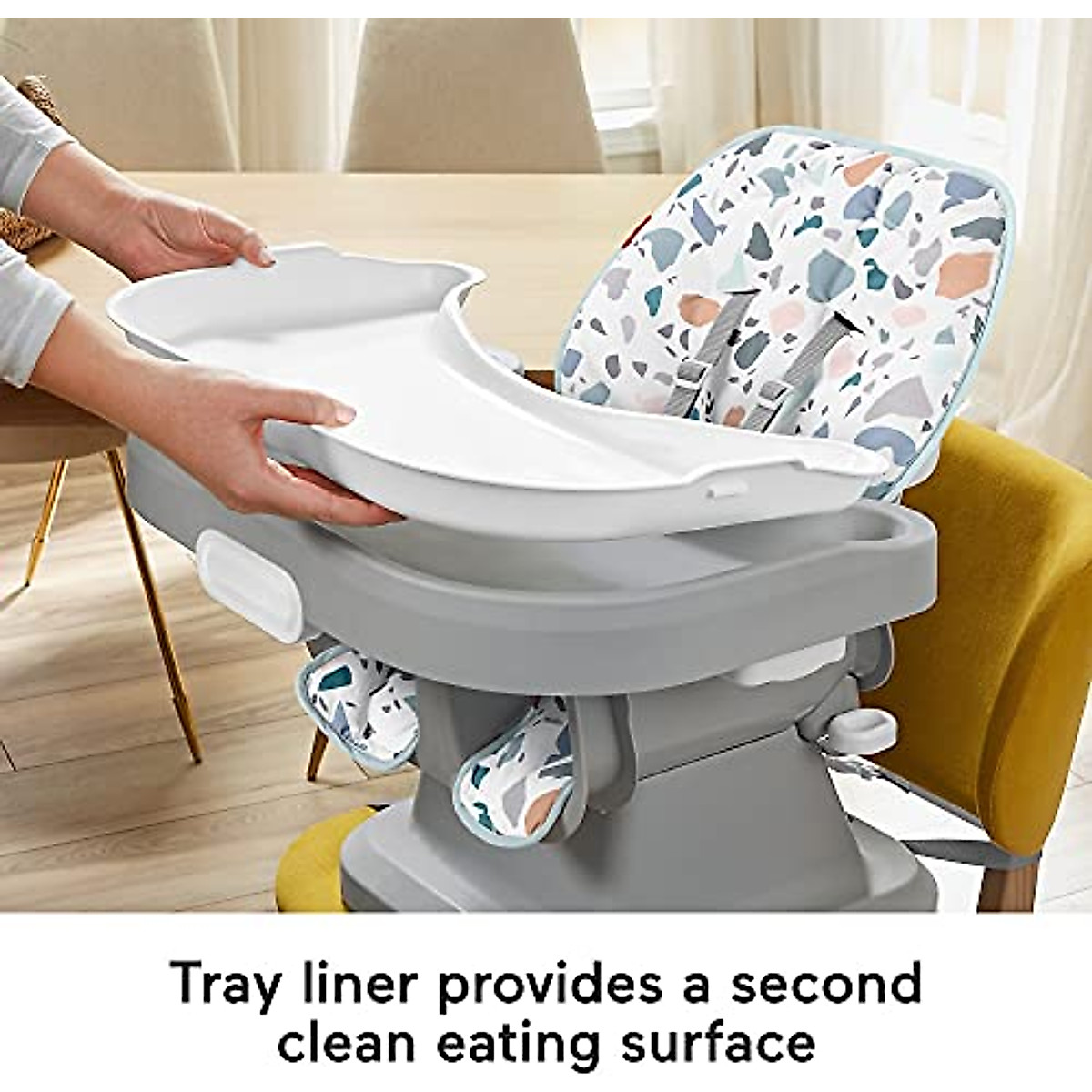Fisher-Price Baby to Toddler High Chair SpaceSaver Simple Clean Portable Dining Seat & Booster with Washable Deep Tray & Liner, Pacific Pebble