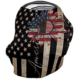 Car Seat Canopy Nursy Cover, Retro American Flag Independence Multi Use Breastfeeding Scarf for Infant Carseat Canopy, Stroller, Shopping Cart, Highchair Flag Day Sunflower Decor