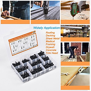 350PCS Self Tapping Screws Assortment, Black #8 Self Tapping Screws for Metal & Plastic with 410 Stainless Steel, Hex Washer Head & Phillips Round Head Self-Tapping Screws for Building & Repair