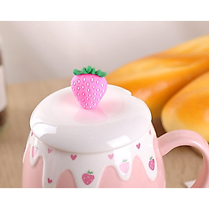 WHJY Pink Female Coffee Cup Mug, Strawberry Korean Lovely Student Ceramic Breakfast Cup with Lid and Spoon – 450ml/15oz, Pink D