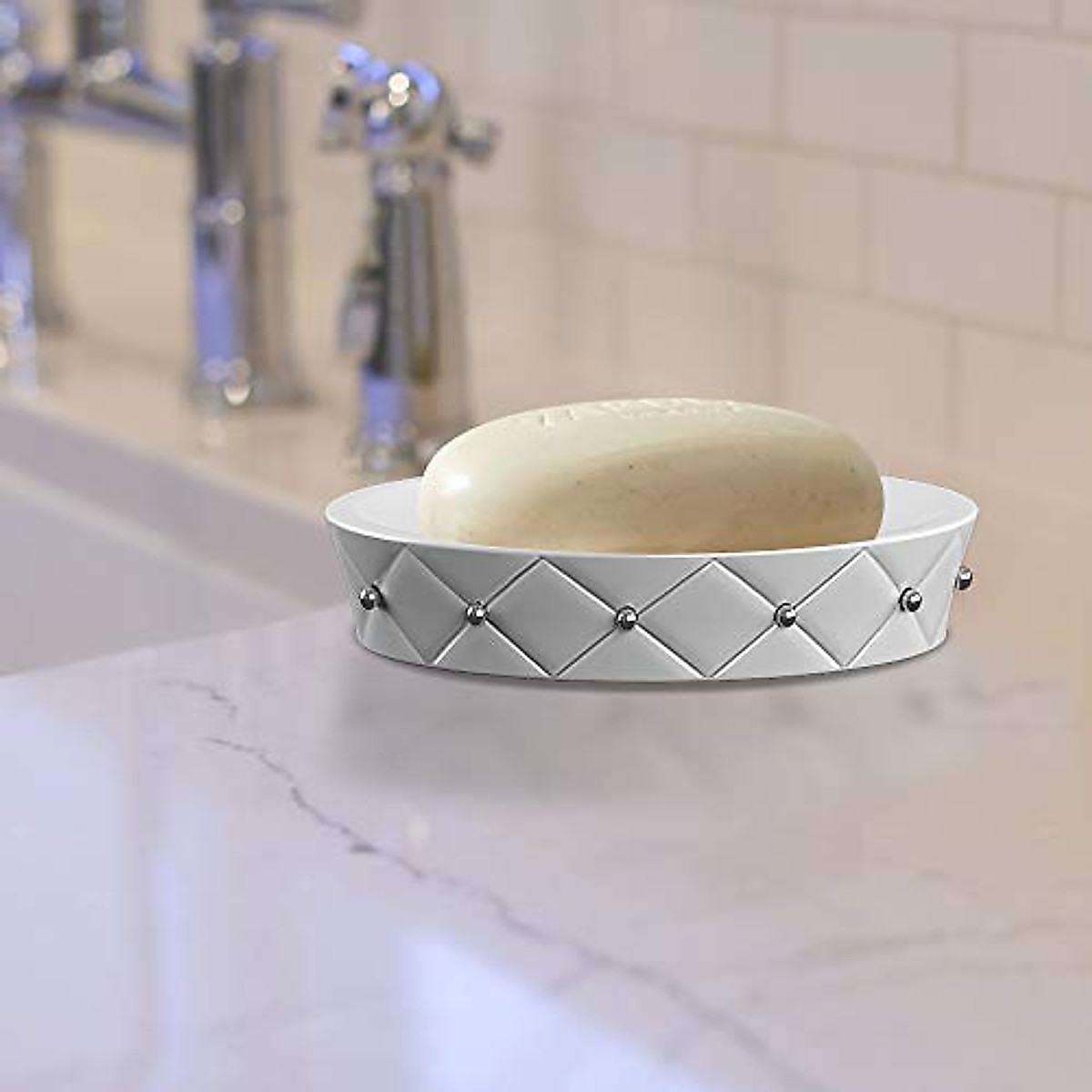 Ceramic Jewel Collection Bathroom Accessories Set for Vanity Countertops 8 Piece Includes Container, Soap Dish,Toothbrush Holder,Tumbler,soap pump,Waste Basket,Tissue Box Holder,Tray-White/Silver