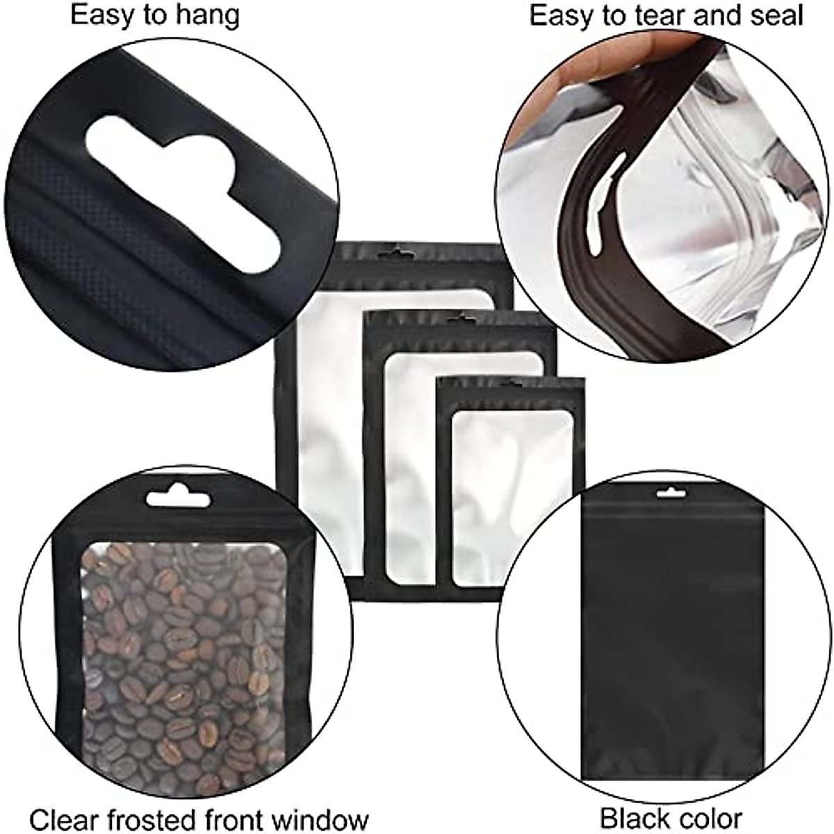 300 Pack 3 Sizes Resealable Mylar Bags Food Storage Smell Proof Bags with Front Window Packaging Pouch for Sample Snack Cookies Jewelry (Black, 3 x 4.7 inch,4 x 6 inch,4.7 x 7.9 inch)