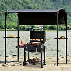 7' x 4.5' Grill Gazebo, Outdoor BBQ Canopy with Side Awning, Steel Double Tiered Grill Canopy Tent with Shelves and Hooks for Patio and Backyard, Gray