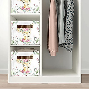 Pink Floral Deer Leaves Personalized Storage Bins Box Baskets with Handle Cubes Clothes Basket Box for Women Christmas Office Holiday 1 Pack