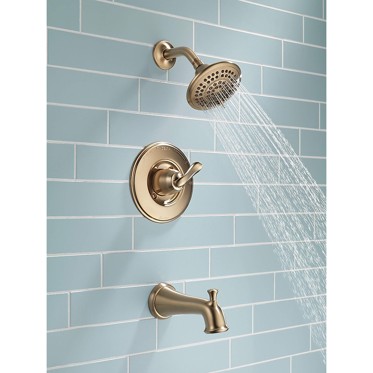 Delta Faucet Linden 14 Series Single-Function Tub and Shower Trim Kit with 5-Spray Touch-Clean Shower Head, Champagne Bronze T14494-CZ (Valve Not Included), Without Rough