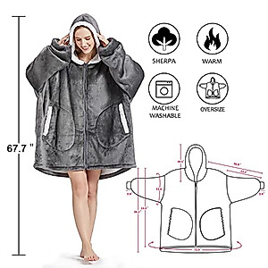 FAYBOX Wearable Blanket Hoodie with Zip for Women Men, Fuzzy Warm Sherpa Comfy Oversized Hoodie Blanket Plush Sweatshirt with Giant Pocket One Size Fits All-Dark Grey