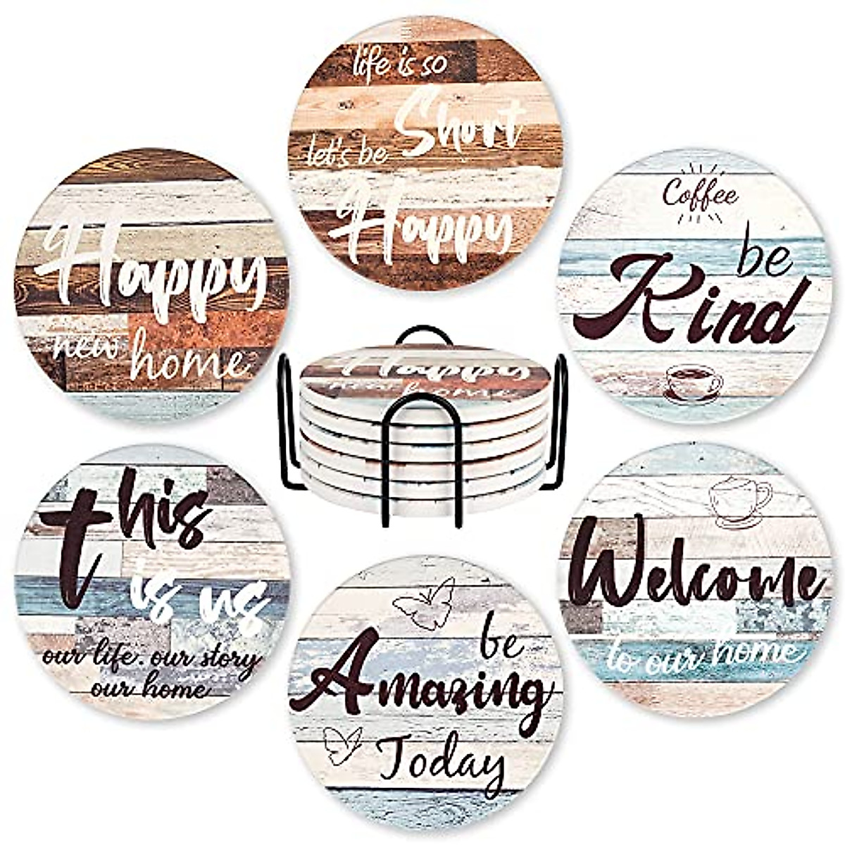 Homotte Coasters for Drinks Absorbent Set of 6, Farmhouse Style Coaster for Coffee Table with Holder and Cork Base, Suitable for Home Decor Bar Housewarming